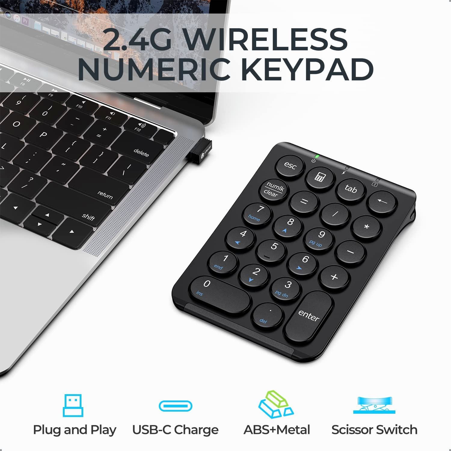 Number Pad, 2.4G USB Keypad, Numpad with USB-C Rechargeable, Metal ...