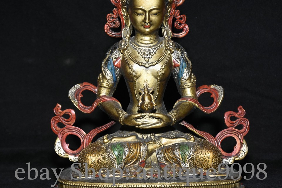 12.2'' Old Tibet Bronze Gilt Painting Amitayus longevity God Goddess ...