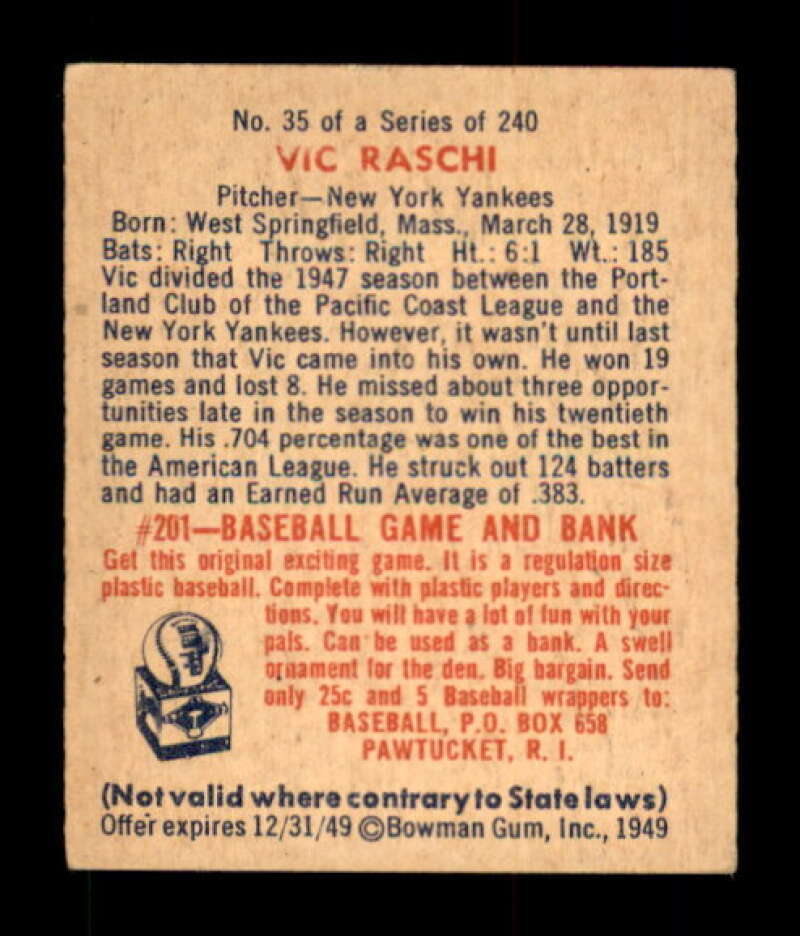 1949 Bowman #35 Vic Raschi VGEX RC Rookie Yankees 543630 | eBay