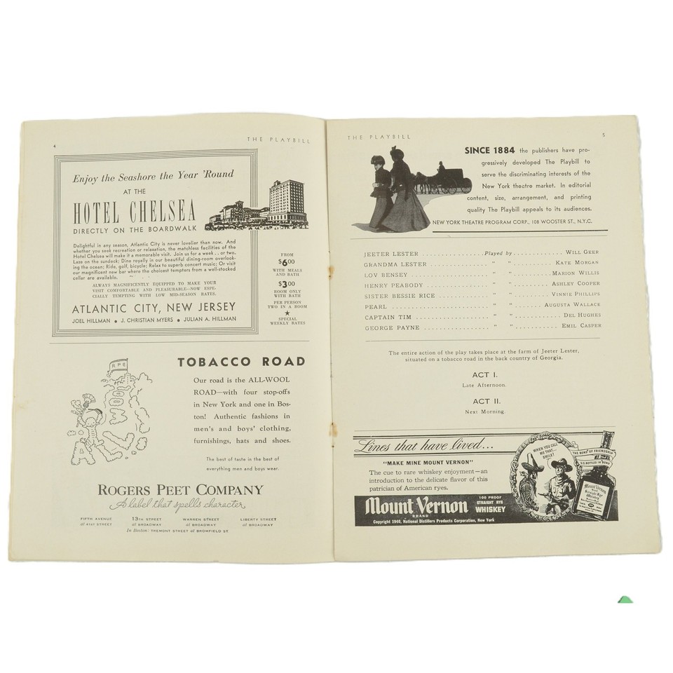 1940 Broadway Playbill Tobacco Road Forrest Theatre Will Geer Vintage ...