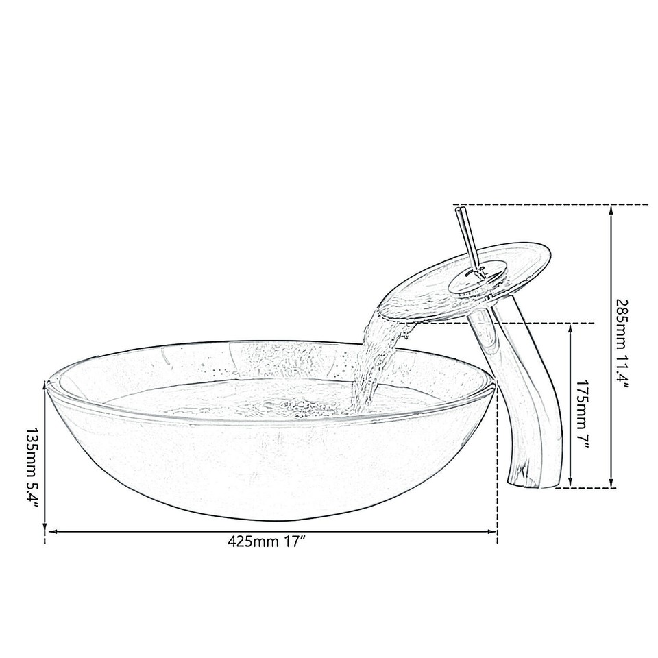 US 17" Bathroom Vessel Sink Waterfall Spout Tempered Glass Deck Mount ...