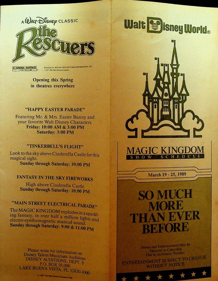 Walt Disney World Magic Kingdom Show Schedule March 19 to 25 1989 | eBay