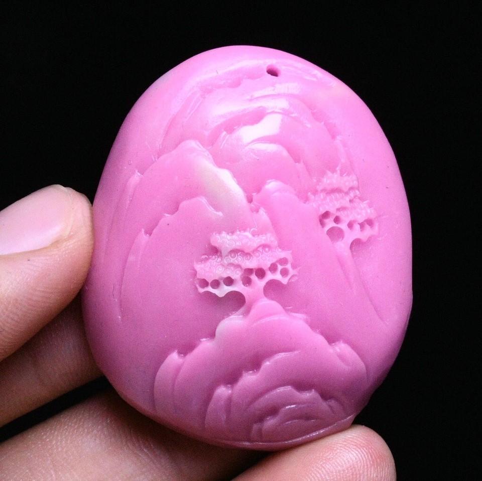 5CM China Natural Pink Jade Carve Mountain Tree House Bridge Amulet ...