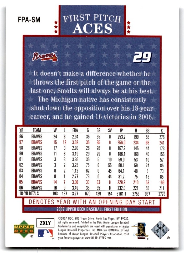 2007 Upper Deck First Edition John Smoltz Baseball Cards #FPA-SM | eBay