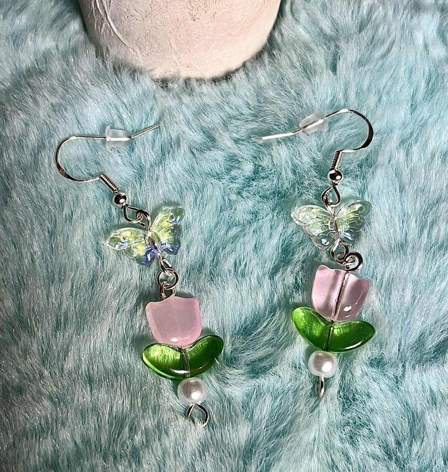 Fairycore Glass Butterfly and Flower Earrings Whimsical Pink Crystal ...