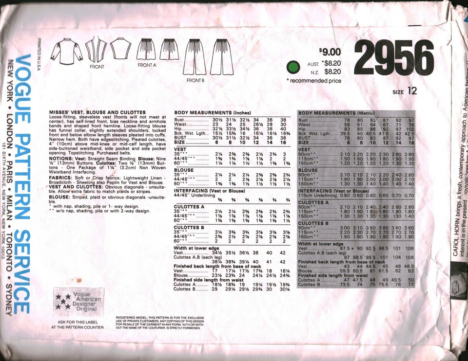 2956 Vintage Vogue Sewing Pattern Misses Vest Blouse Culottes Carol ...