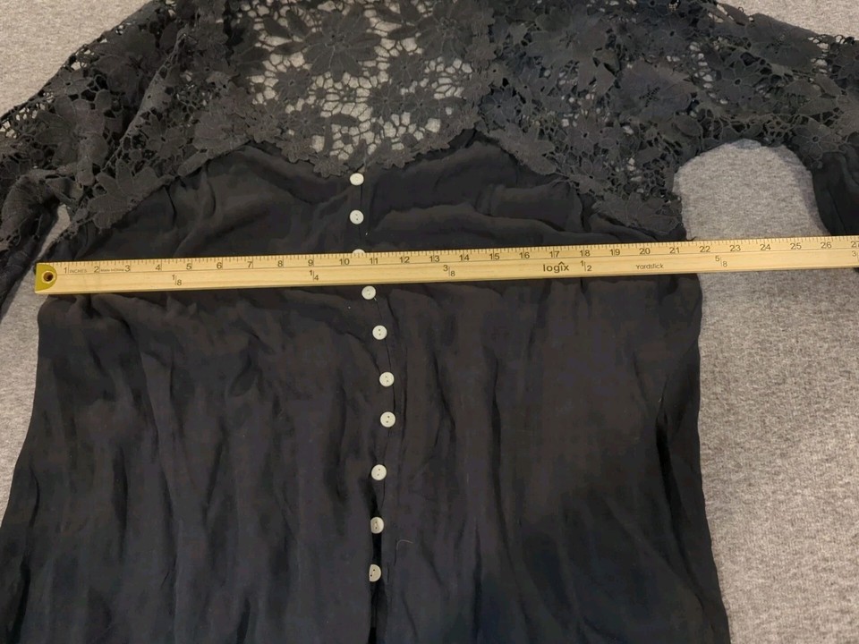 Floral Blooming Blouse Women Sz L Black Open Lacework 3/4 Sleeve Button ...