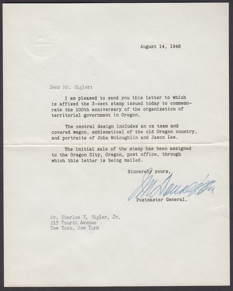 Signed Postmaster General Letter with 3¢ Oregon Territory stamp FDC ...