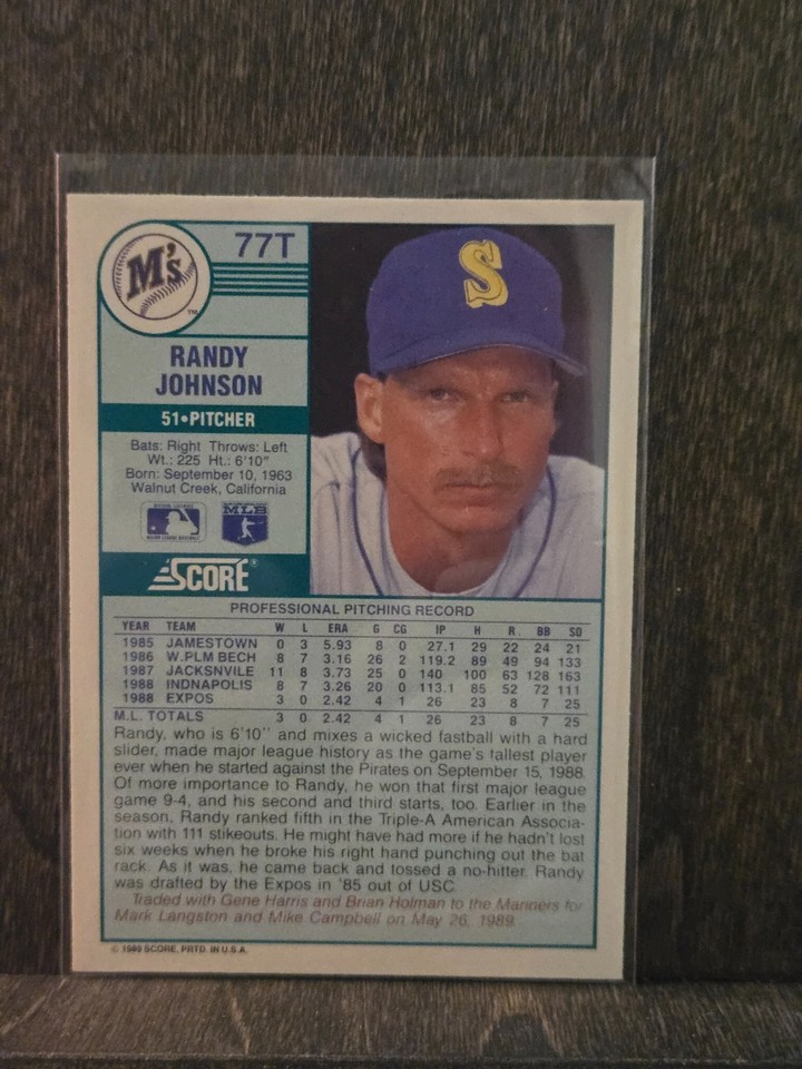1989 Score Rookie & Traded 77T Randy Johnson Seattle Mariners RC Card ...