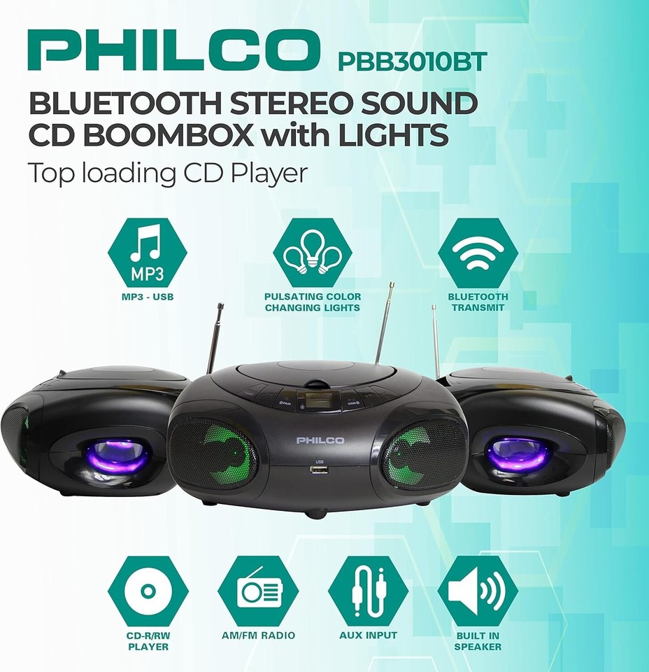 Philco Portable Bluetooth Boombox CD Player with AM/FM Radio and USB ...
