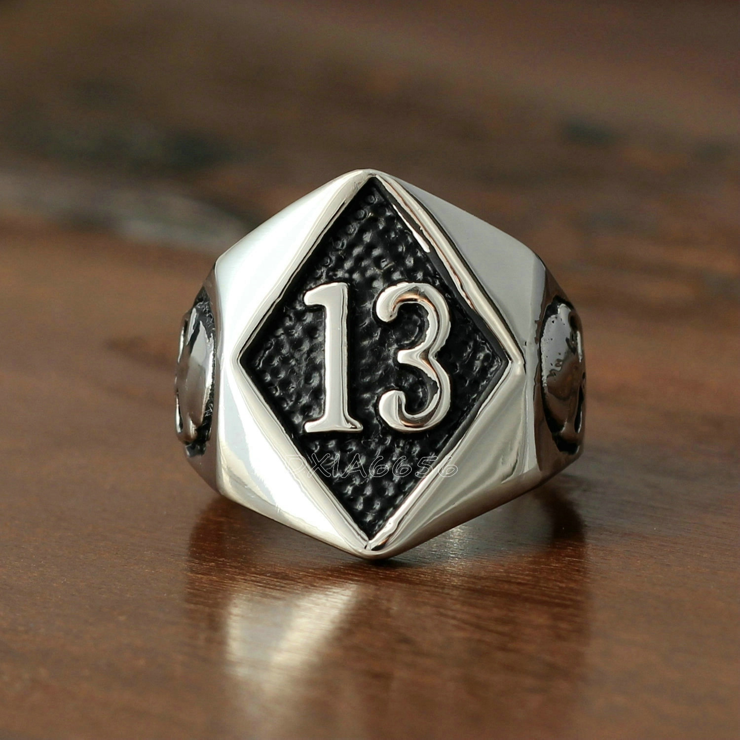 Men's Lucky Good Luck Number Gothic Skull Numeral 13 Biker Stainless ...