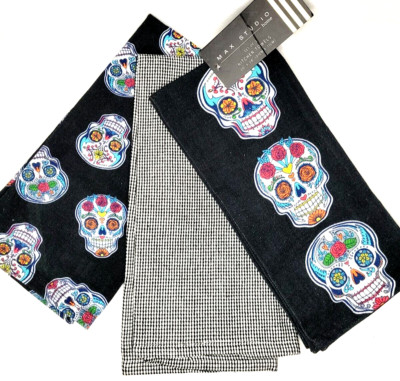 MAX STUDIO Home Kitchen Towels (Set of 3) Day Of The Dead Skulls 20"x ...