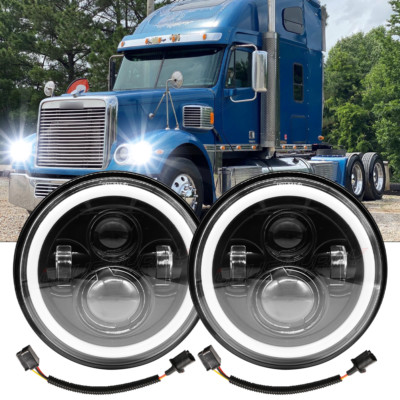 for Freightliner coronado 7'' Inch Round LED Headlight Bulbs High Low ...