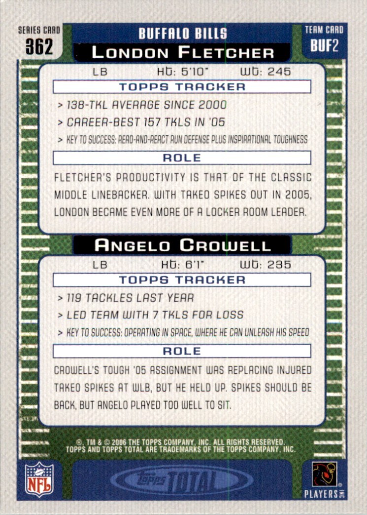 2006 Topps Total London Fletcher Angelo Crowell Buffalo Bills #362 | eBay