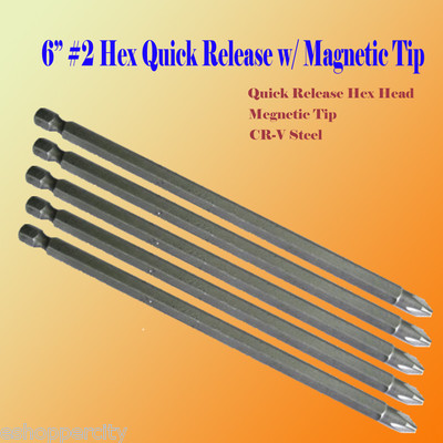 5x 6" Phillips #2 Screw Driver Bit Quick Release 1/4 Hex Shank Magnetic ...