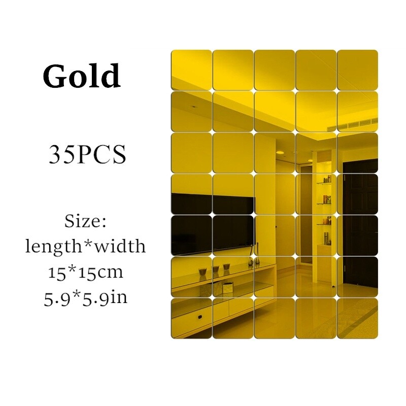 35PCS Square Fillet Wall Sticker 15*15cm Mirror Reflect Self Adhesive ...