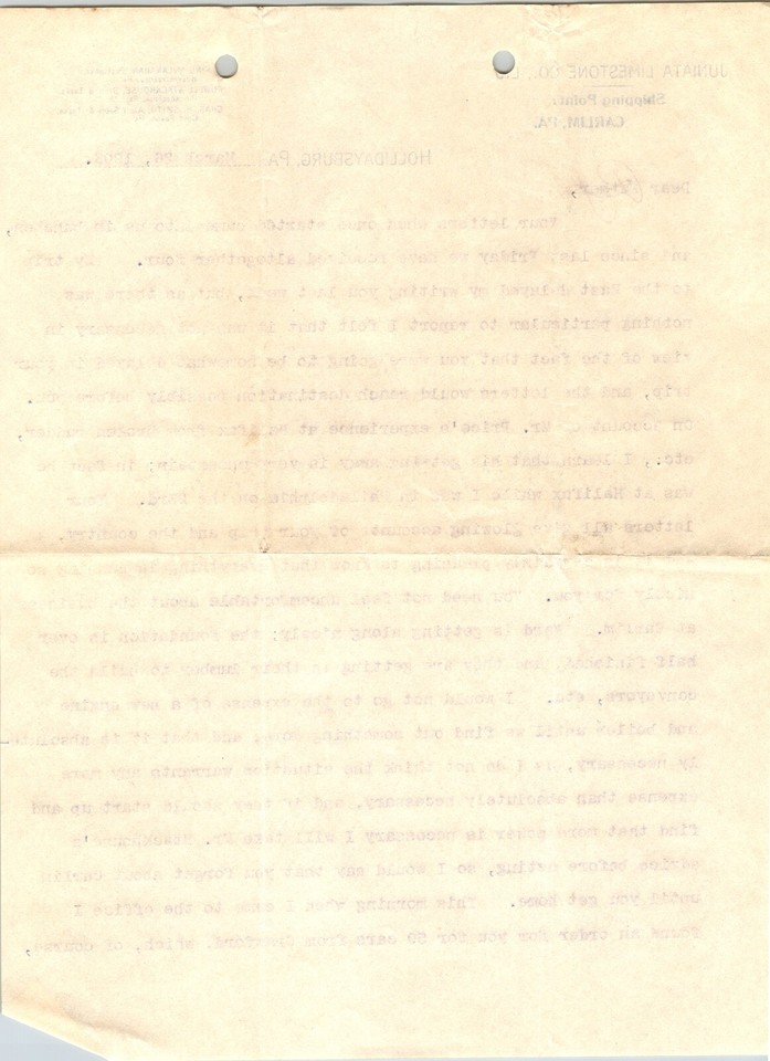 Juniata Limestone Co Hollidaysburg PA 1908 Letter 3 pages Carlim ...