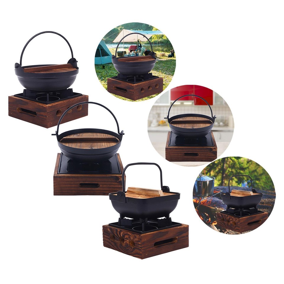 Cast Iron Hanging Pan W/Wood Lid Japanese Sukiyaki Stew Pot Camp Pot ...