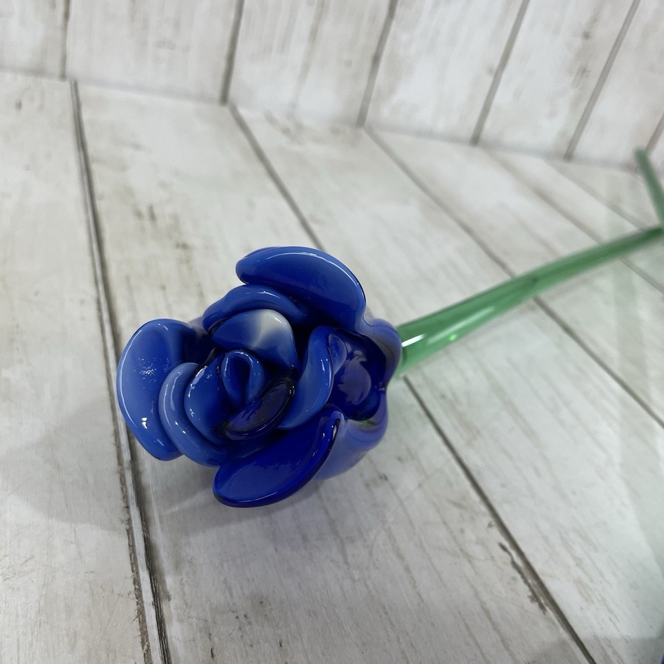 Vtg Hand Blown Blue Rose Art Glass Sculpted 19.5” Long Stemmed Flower ...