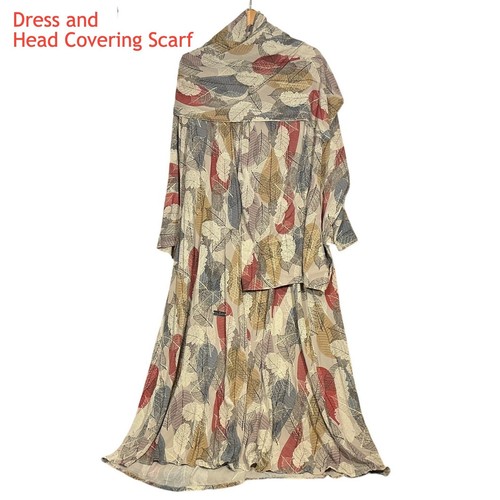 Women's Long Sleeve Maxi Modesty Dress Abaya Kaftan & Head Cover Leaf ...