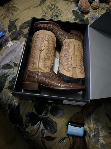 LUCCHESE Men’s Tan Burnish Horn Back Caiman Wide Square Toe Exotic ...