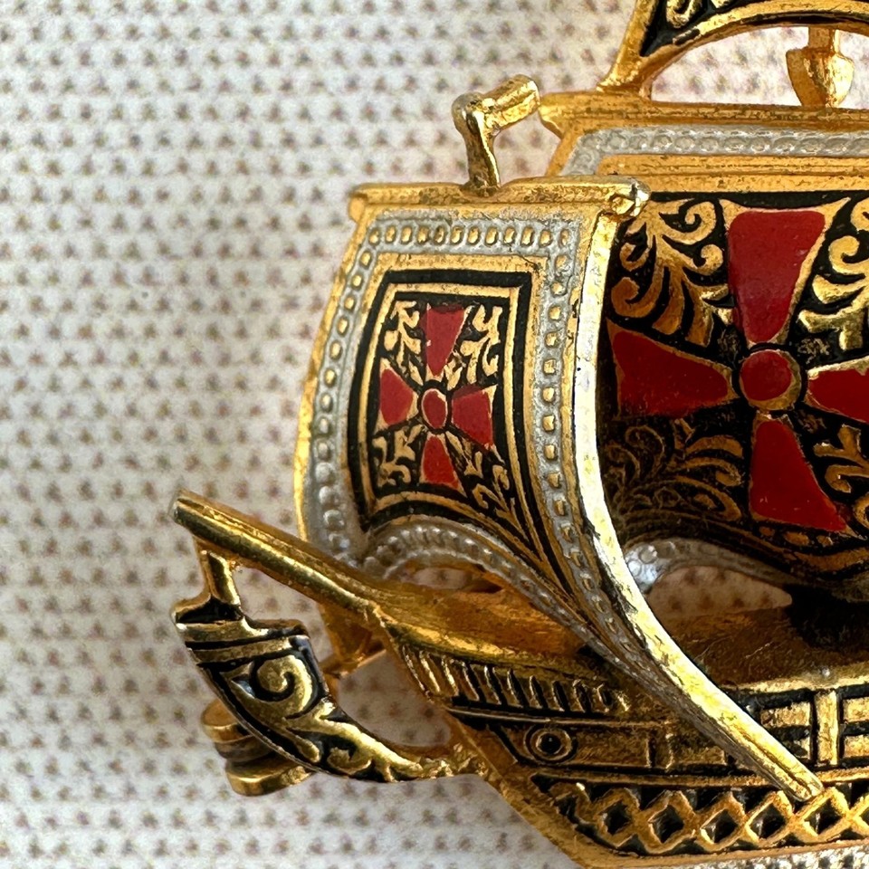 Vintage Damascene Gold Tone Metal and Enamel Ship Pin, Spanish Galleon ...