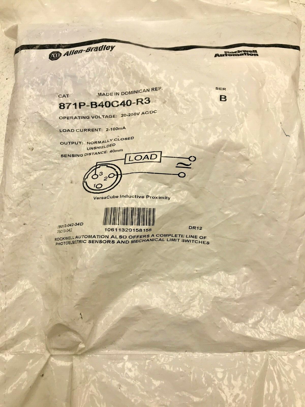 871P-B40C40-R3 Series B Versa Cube Proximity Sensor N.C. 40mm range New ...
