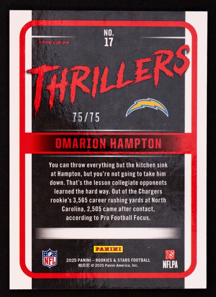 2025 Panini Rookies & Stars Omarion Hampton RC 75/75 Thrillers Chargers ...