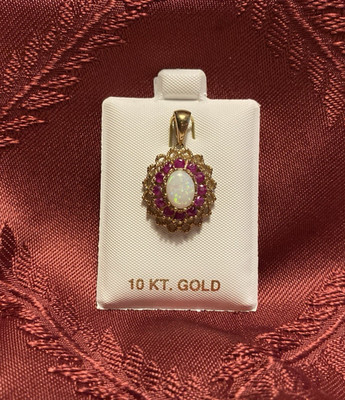 10K Gold Opal Ruby Pendant w/ 12 Prong Setting 12 Rubies Oval 18mm x ...