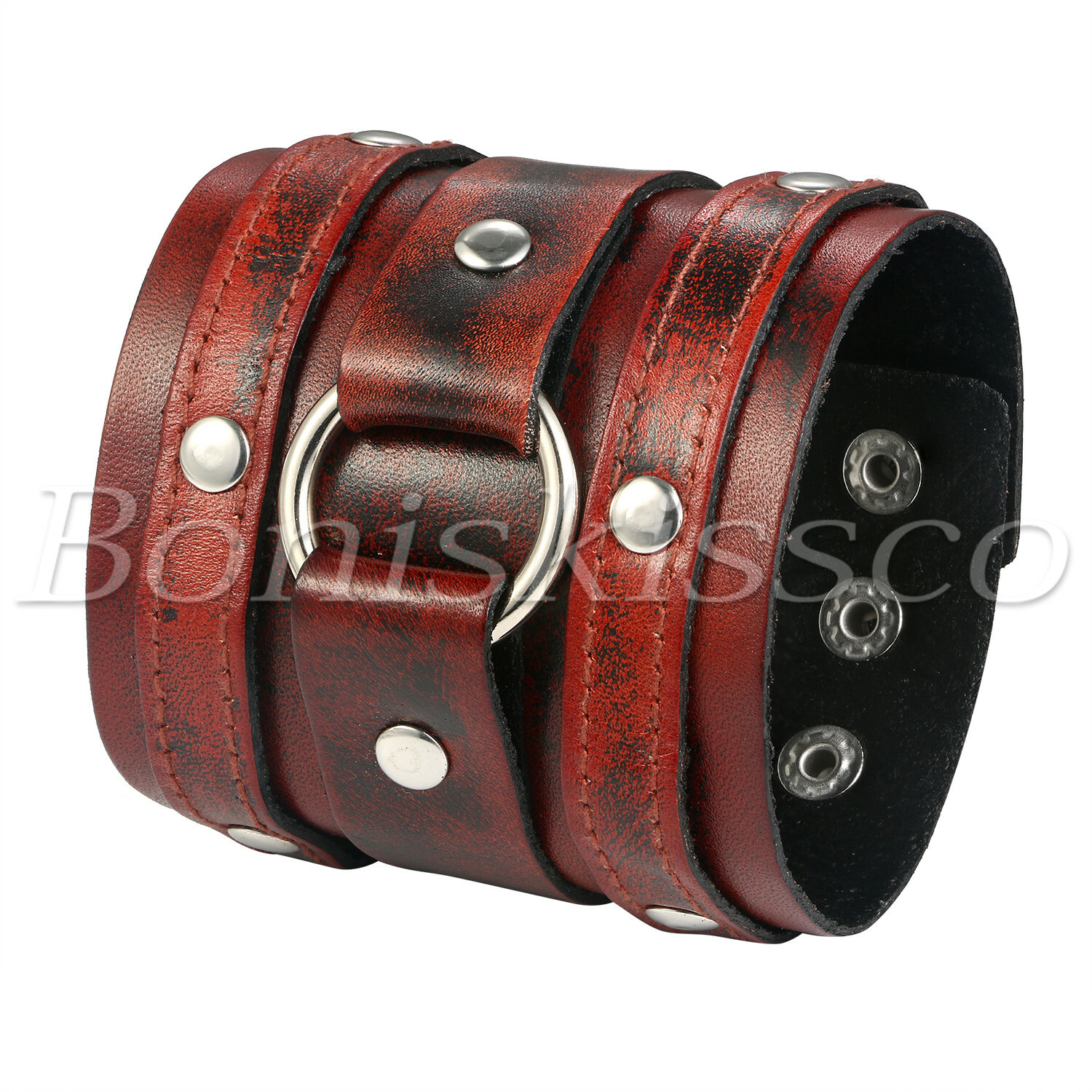 Men's Punk Rocker Biker Gothic Heavy Wide Leather Straps Wristband Cuff ...