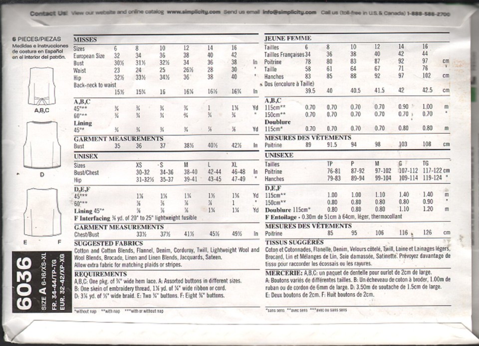 New Look 6036 Sewing Pattern Men and Women Vest Size 6-16/XS-XL uncut ...