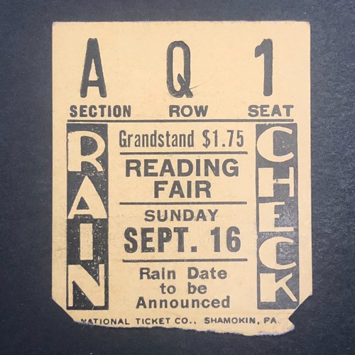 Reading Fair Speedway 9/16 c1940's-50's Auto Racing Rain Check Ticket ...
