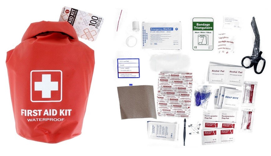 100 Pc. First Aid Kit In Waterproof Red Dry Sack Emergency Survival ...
