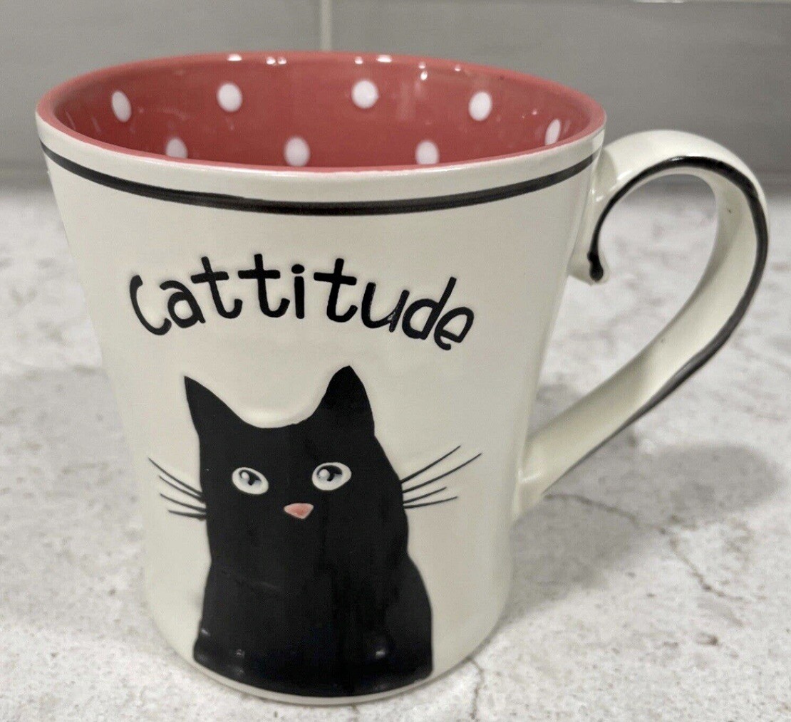 Spectrum Des CATTITUDE Mug PINK Polka Dot Black Cat Coffee Tea 2 Sided NEW | eBay