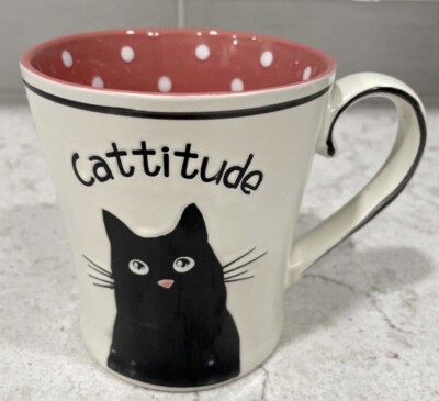Spectrum Des CATTITUDE Mug PINK Polka Dot Black Cat Coffee Tea 2 Sided ...