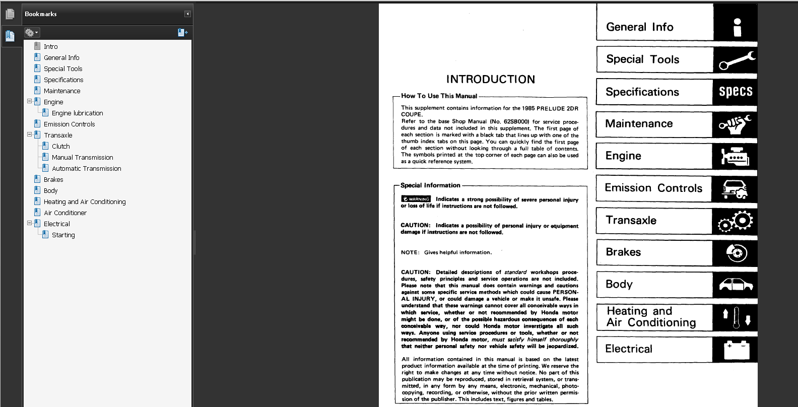 HONDA PRELUDE WORKSHOP SERVICE MANUAL 1983-1997 BA2 BA3 BA4 BA5 BA8 BB2 ...