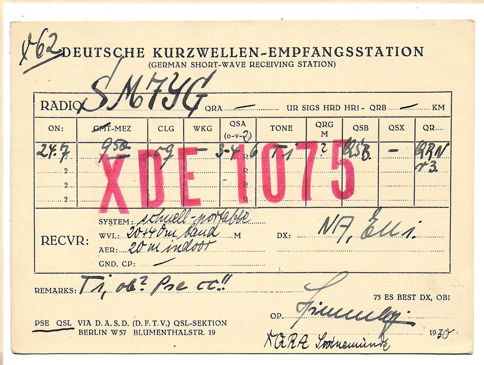 QSL Radio XDE1075 Stettin Germany ham 1930 Receiving Station Hermann ...
