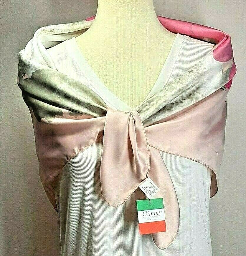 Gimmy Italy Spring Summer Floral Pink White Grey Square Silky Scarf 34. ...
