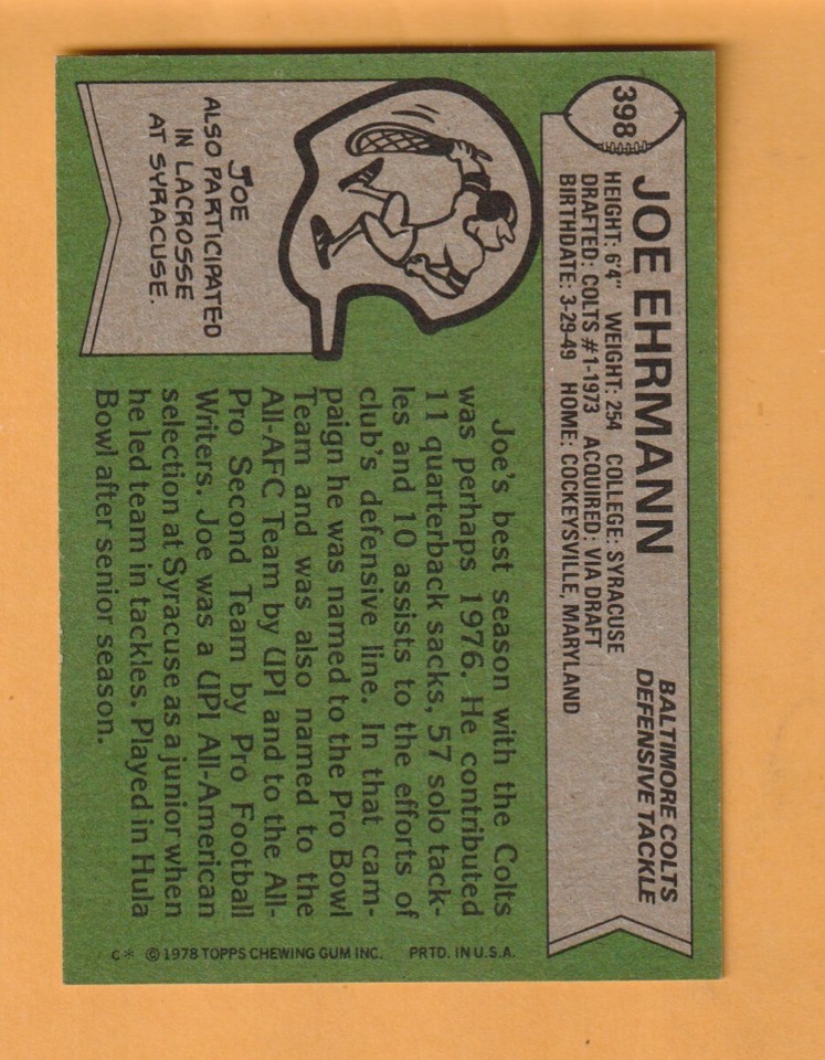 Joe Ehrmann Baltimore Colts 1978 Topps #398 Syracuse Orange Buffalo New ...