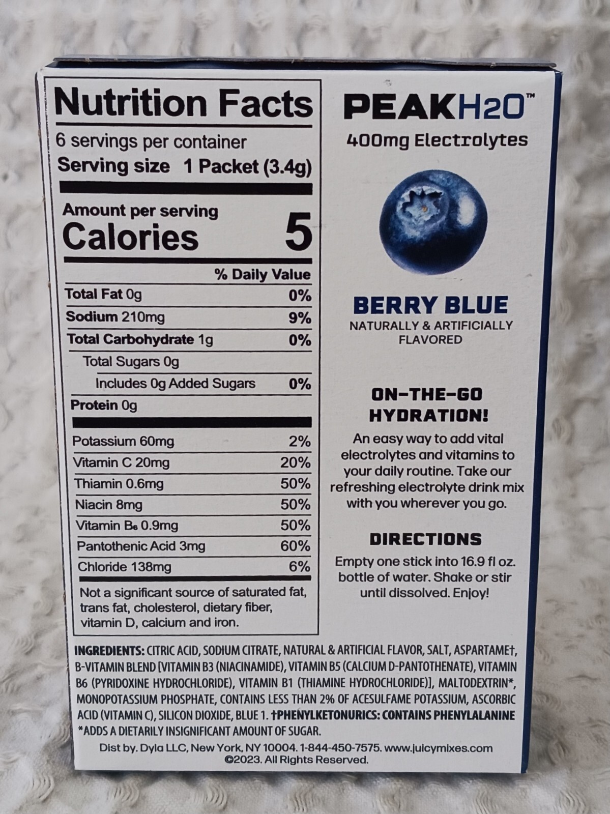 3 PEAK H2O HYDRATE BERRY BLUE ELECTROLYTE Drink Sticks 18 Total Zero ...