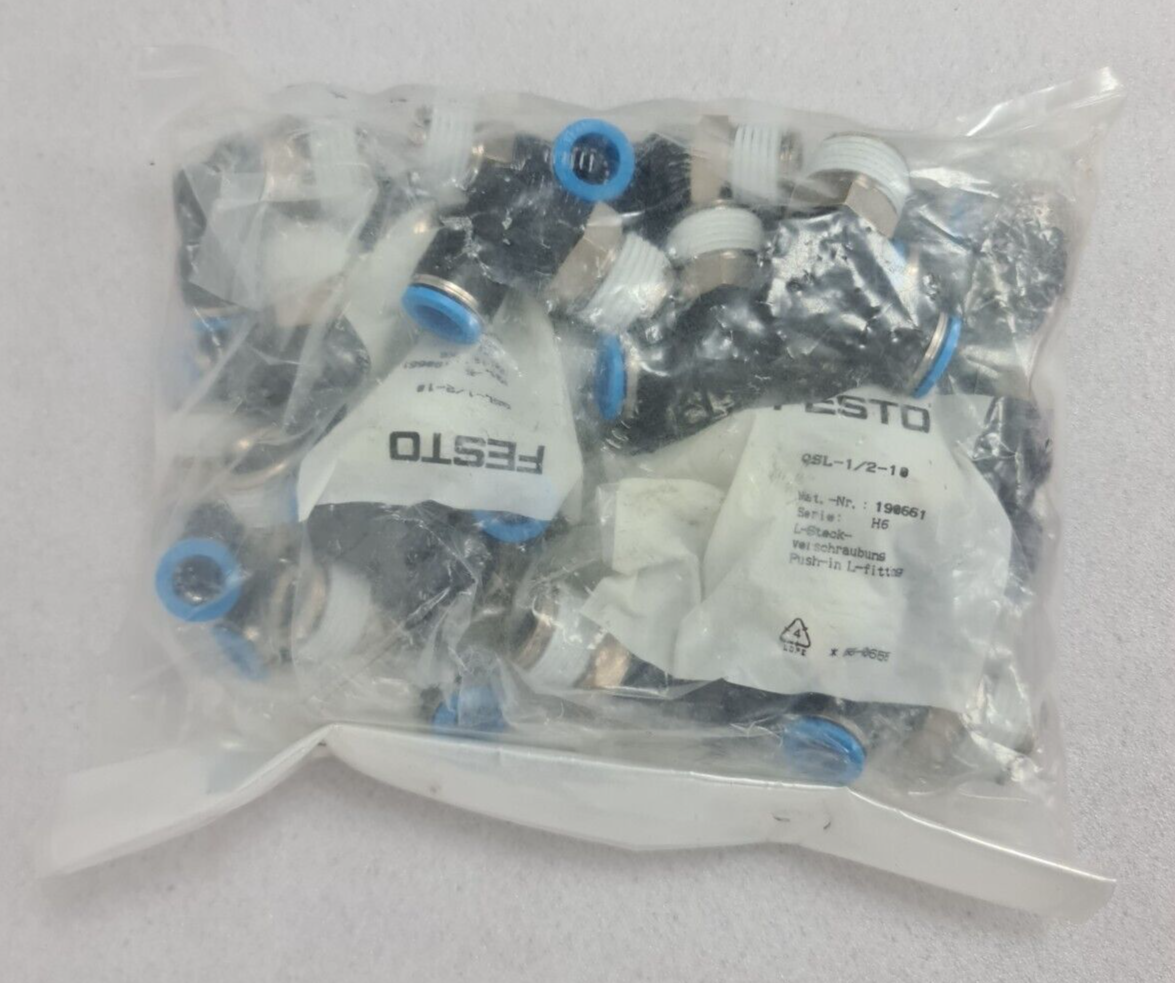 LOT OF 25 FESTO PNEUMATIC HYDRAULIC CONTROL PUSH IN L FITTING QSL-1/2 ...