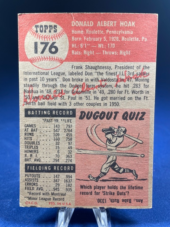 1953 Topps Baseball Card Don Hoak Rookie #176 Brooklyn Dodgers | eBay