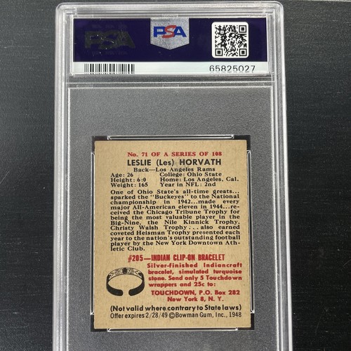 1948 Bowman Leslie (Les) Horvath #71 RC PSA 5 Ohio State Heisman LA ...