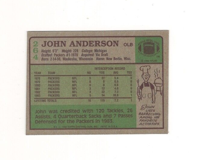 1984 Topps Football John Anderson Card #264 ~ Green Bay Packers ~ NM/MT ...