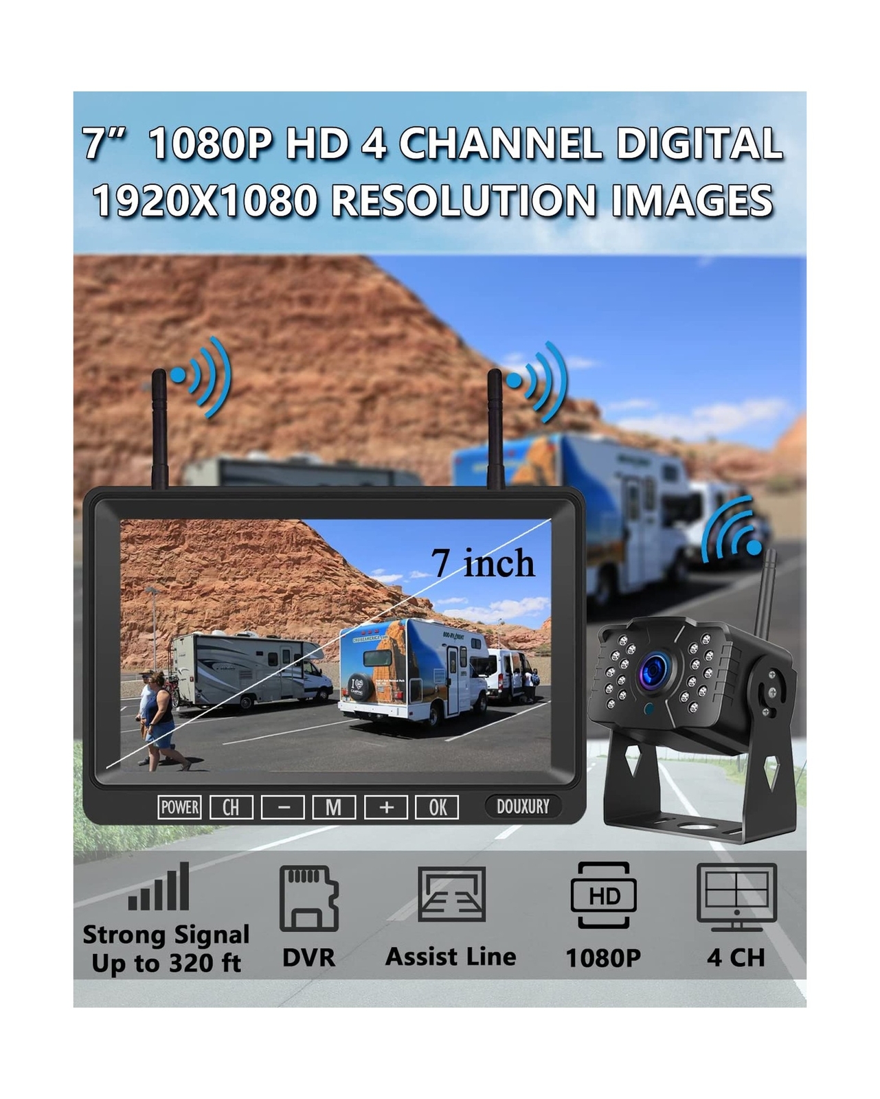 Douxury Wireless Digital Backup Camera Ip69 Waterproof HD 1080p LCD 7 ...