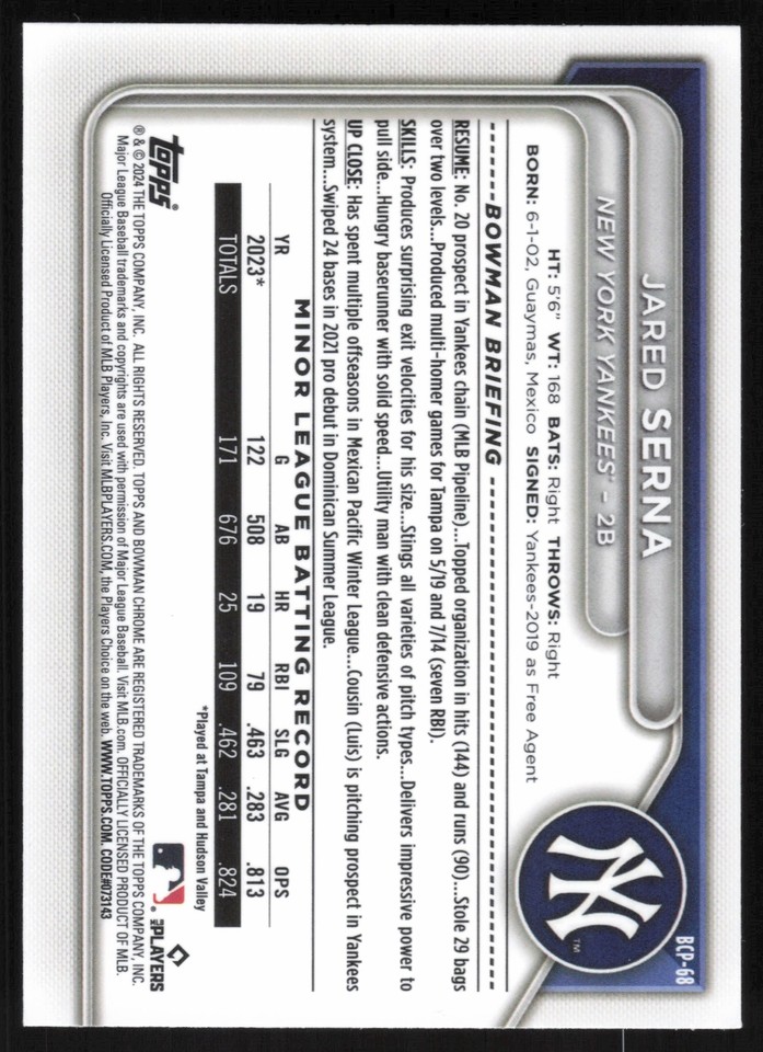 2024 Bowman Chrome Prospects Jared Serna BB1317 RC New York Yankees # ...