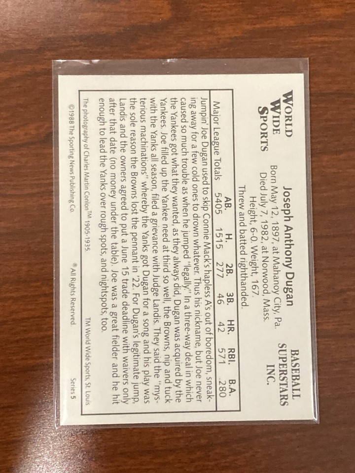 JOE DUGAN 1988 THE SPORTING NEWS BASEBALL IMMORTALS NEW YORK YANKEES ...