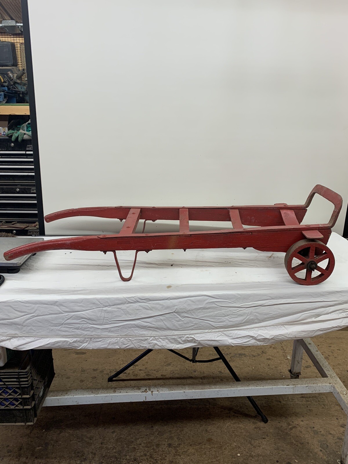 ANTIQUE HAND TRUCK DOLLY PRIMITIVE OAK BARREL DOLLY ~INDUSTRIAL CAST ...