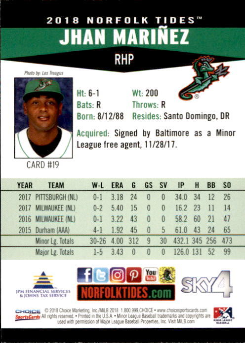 2018 Norfolk Tides Choice #19 Jhan Marinez Dominican Republic DR ...