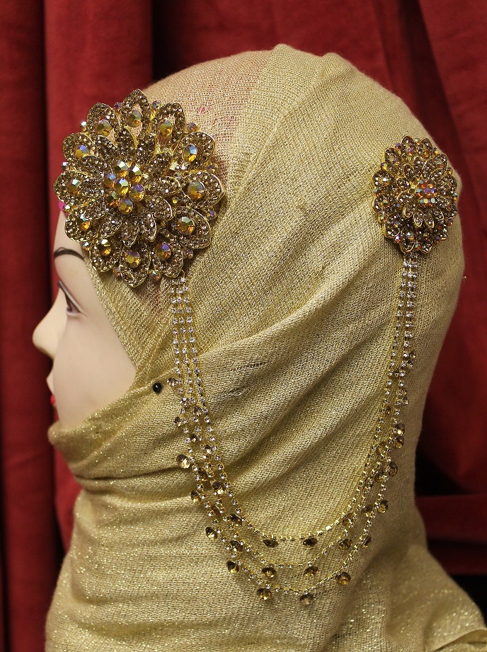 Ladies Diamante Double Chain Brooch Hijab Pin Scarf Head Piece Bridal ...